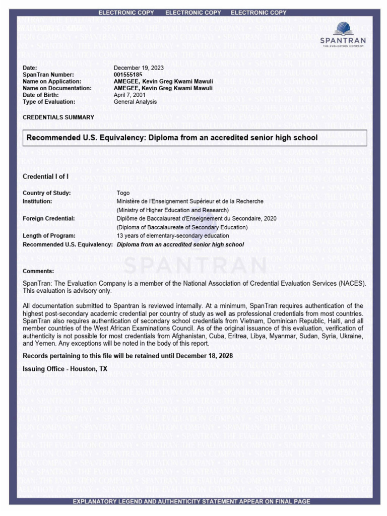 001555185-Evlrpt - Kevin Amegee - SpanTran | PDF | Course Credit | Academia