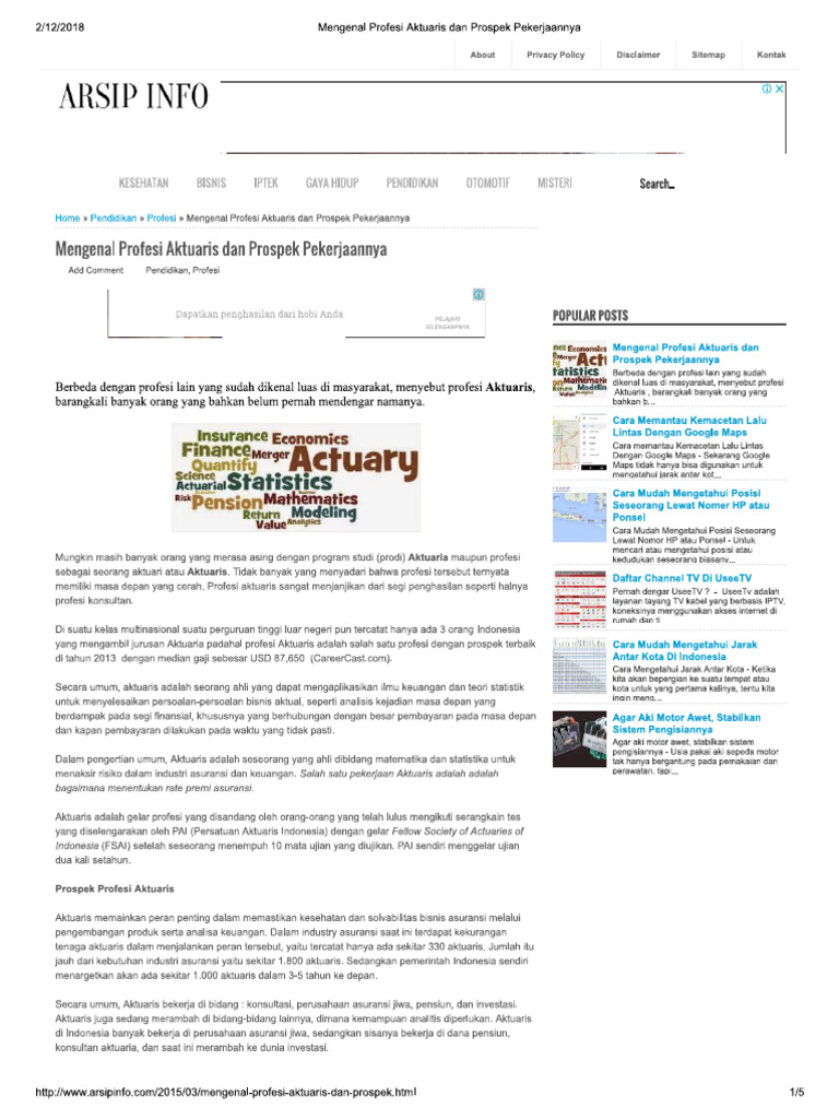Mengenal Profesi Aktuaris dan Prospek Pekerjaannya | PDF