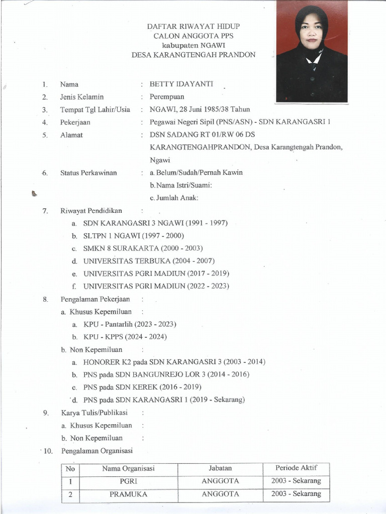 Daftar Riwayat Hidup Calon Pps - Betty | PDF