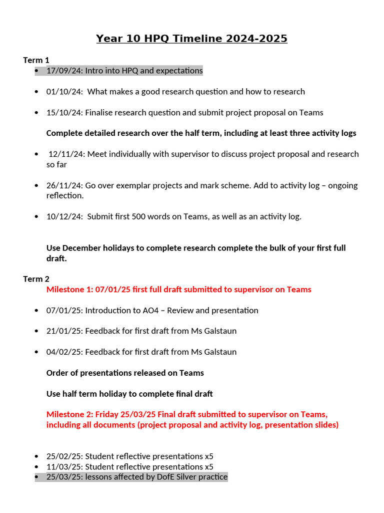 Year 10 HPQ Timeline 2024-2025 | PDF