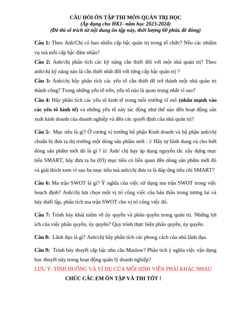 Cau Hoi On Tap Mon QTH HK1 Nam Hoc 2023-2024 | PDF