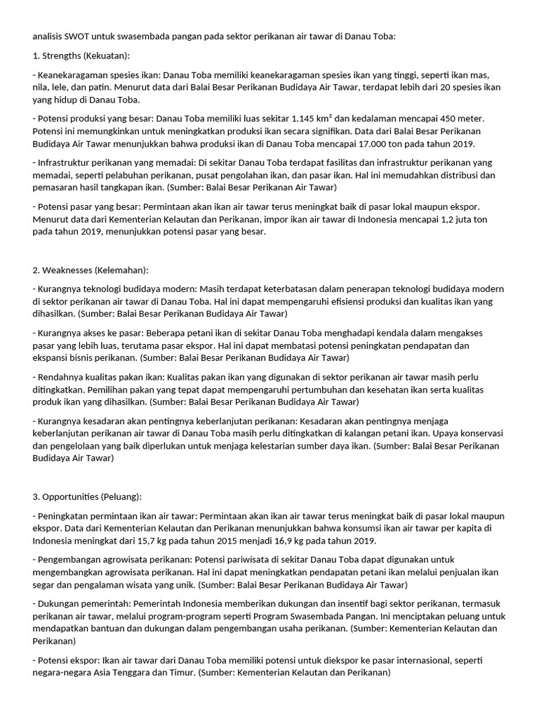 analisis SWOT untuk swasembada pangan pada sektor perikanan air tawar ...