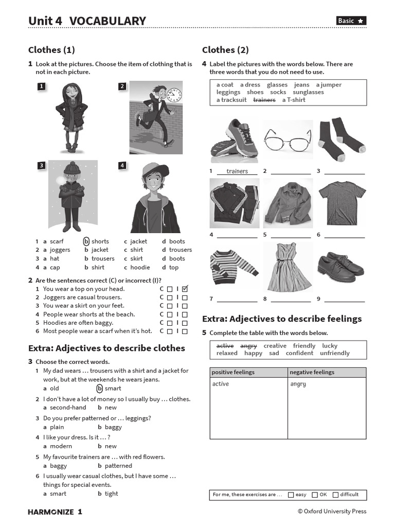 Harmonize 1 - Unit 4 - Extra Worksheet | PDF | Trousers | Clothing
