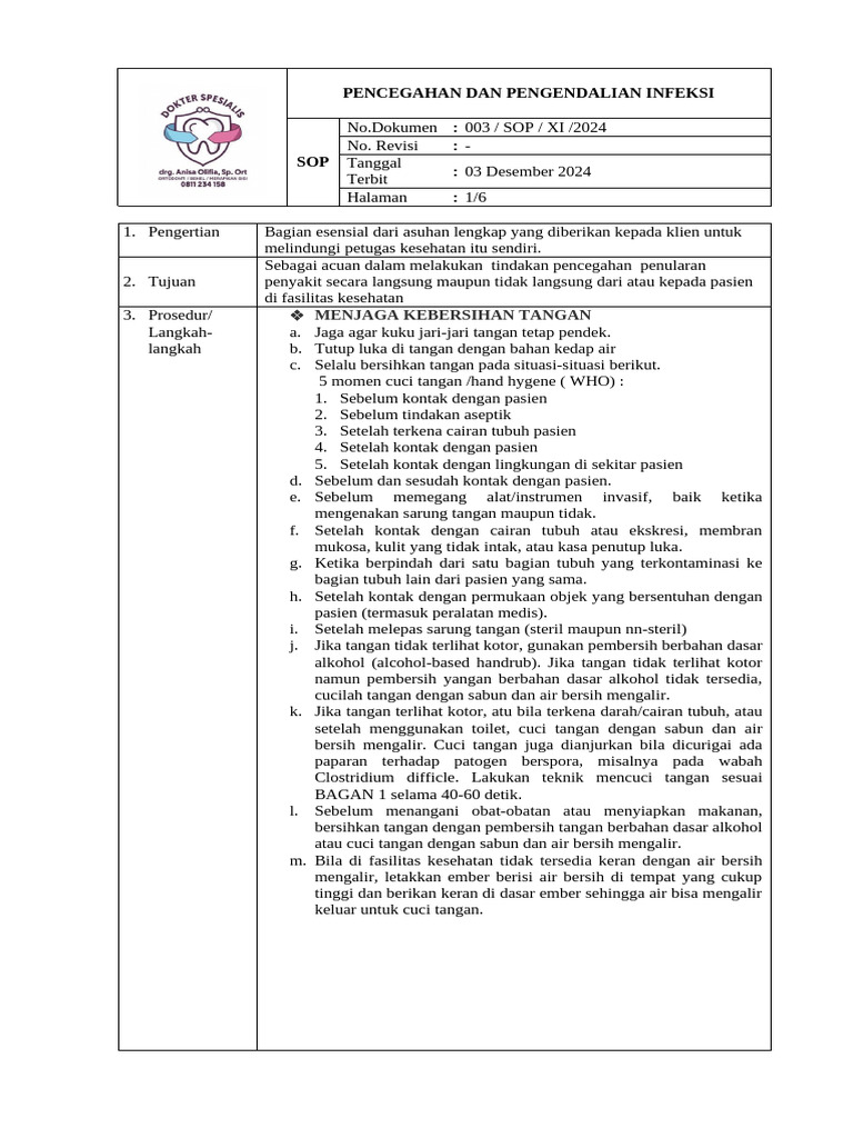 SOP Pencegahan Infeksi di Fasilitas Kesehatan | PDF