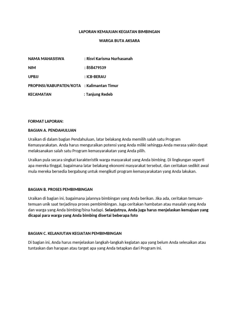 Format Laporan Kemajuan Kegiatan Bimbingan | PDF