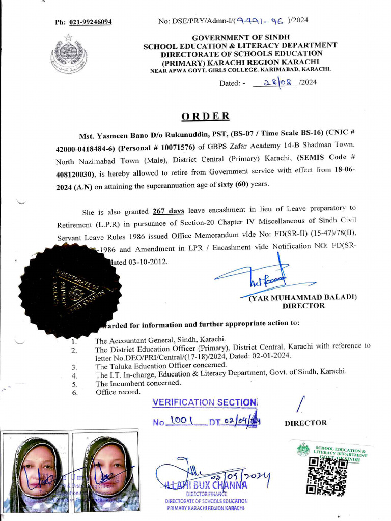 Order For Retirement and Leave Encashment in Respect of Mst. Yasmeen ...