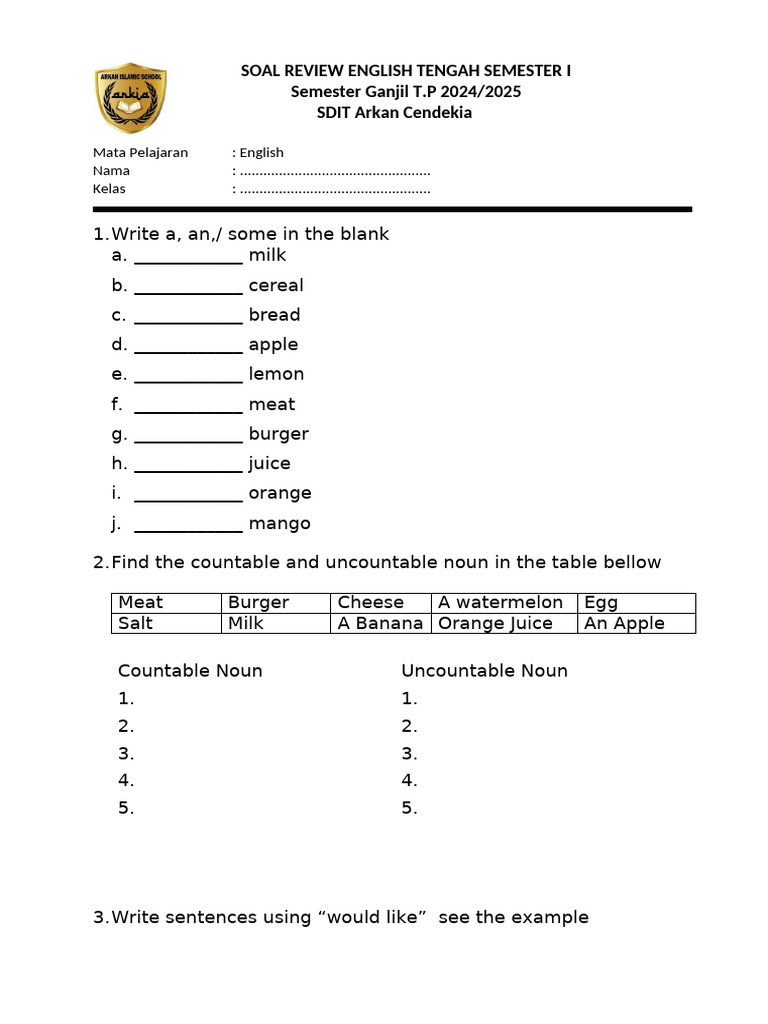 Soal Review English Tengah Semester i Grade 3 | PDF