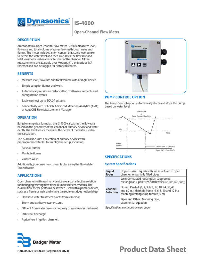 HYB-DS-02510-En - Dynasonics Is-4000 Open-Channel Flow Meter Data Sheet | PDF | Flow Measurement ...