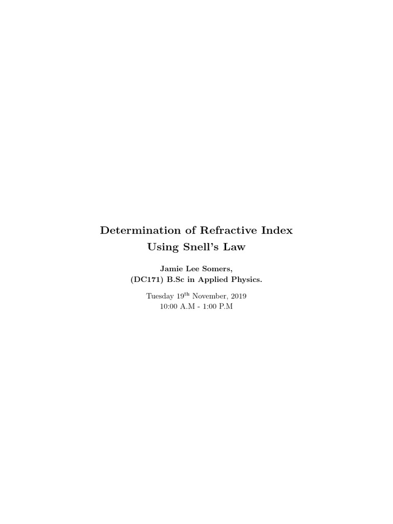 Determination of Refractive Index Using Snells Law | PDF | Refraction ...