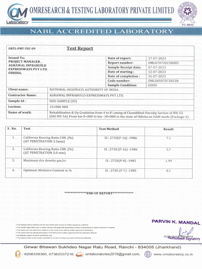 CBR Test Report Chandikhole Paradeep (PKG 1) | PDF