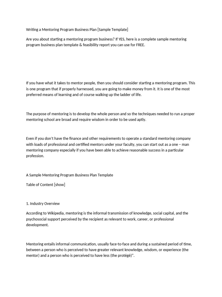 Writing A Mentoring Program Business Plan (Sample Template) | PDF ...