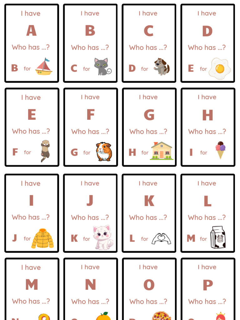 Colorful Illustrated I Have Who Has Alphabet Game Flashcards | PDF
