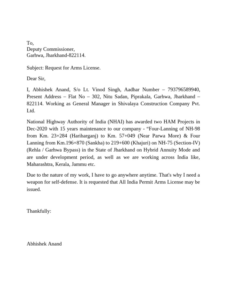 Request for Arms License in Jharkhand | PDF