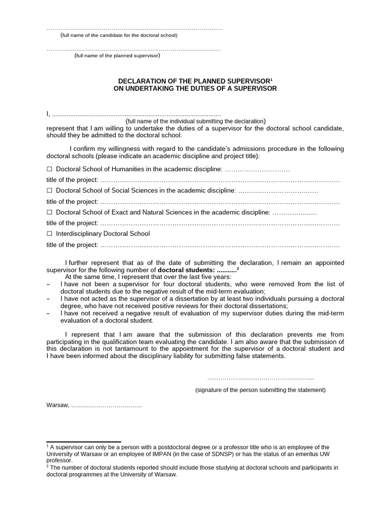 Declaration of The Planned Supervisior 2024 | PDF | Doctorate | Academia