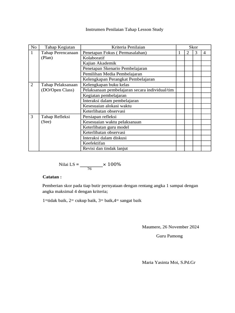 Instrumen Penilaian Tahap Lesson Study Guru Pamong | PDF