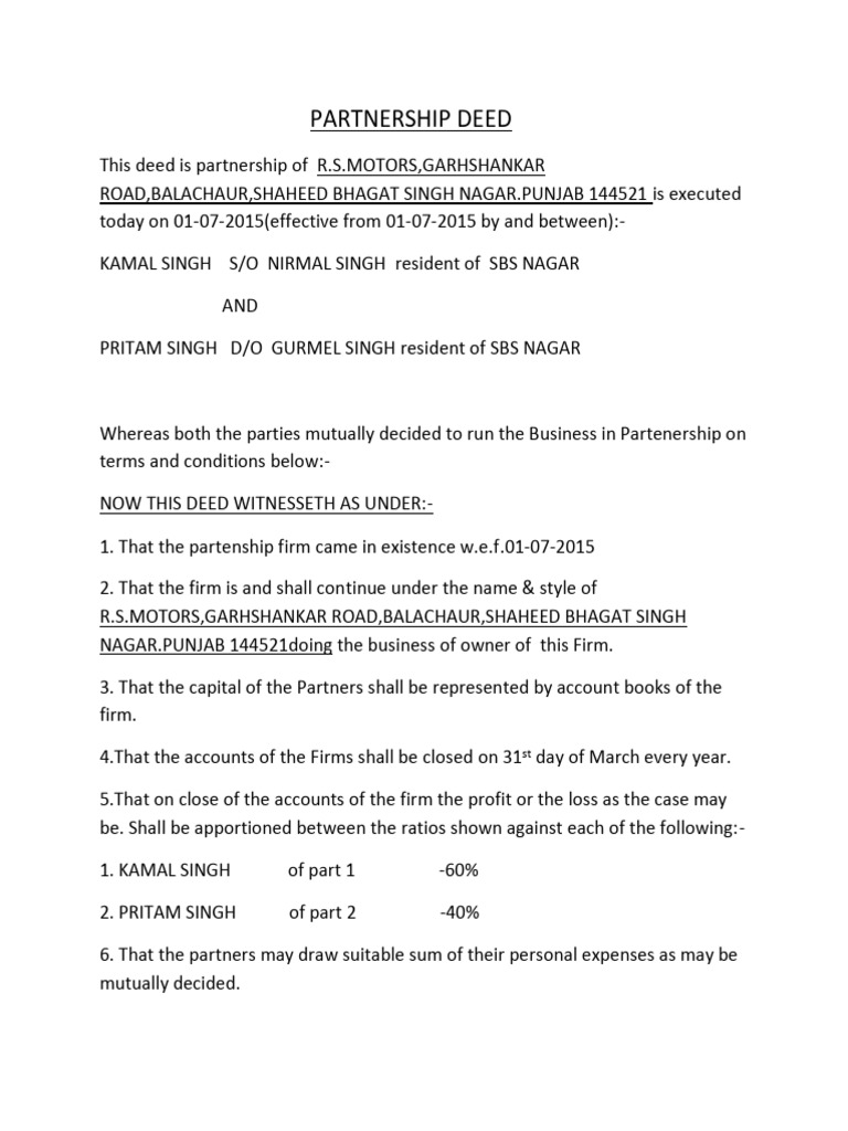 Partnership Deed for R.S. Motors, Punjab | PDF | Partnership | Common Law