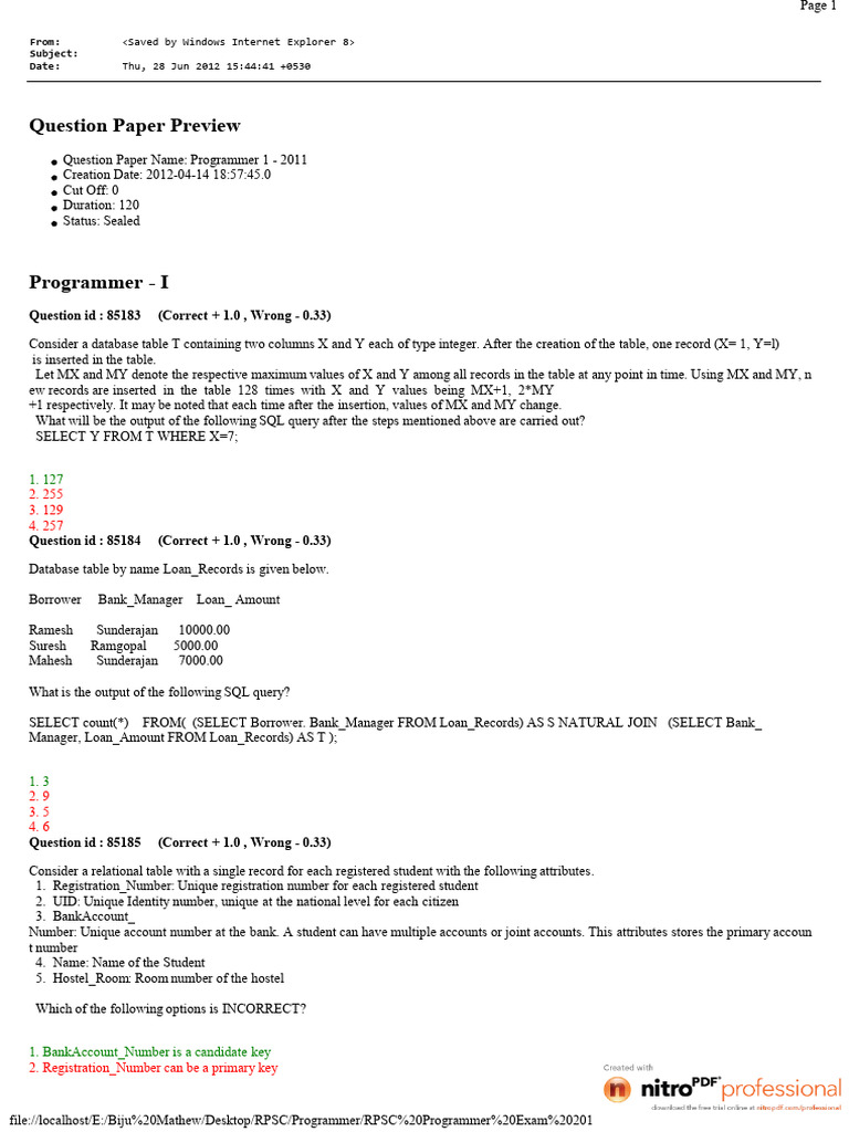 Rpsc Programmer Exam 2011 Paper I Question Paper Pdf Relational Model Internet Protocols 