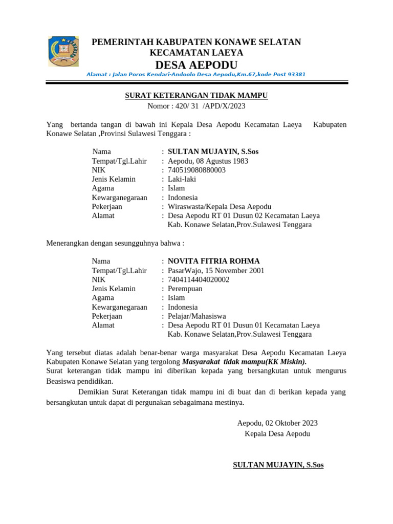 SURAT KET. TIDAK MAMPU OMA | PDF