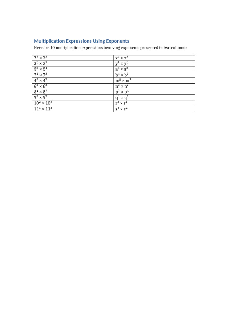 Two Column Exponent Expressions | PDF