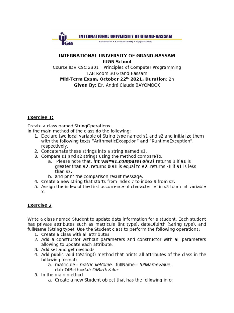 CSC 2301 - Midterm Exam Sept 2021 | PDF | Constructor (Object Oriented Programming) | Programming