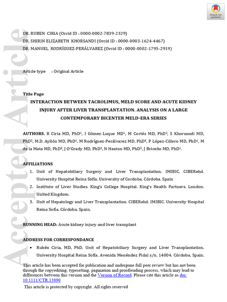 Interaction Between Tacrolimus, Meld Score and Acute Kidney Injury ...