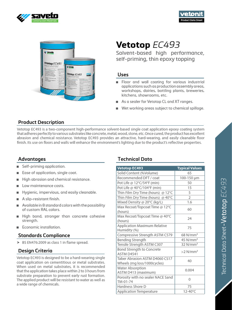 Vetotop EC493 Epoxy Coating Data Sheet | PDF | Concrete | Epoxy