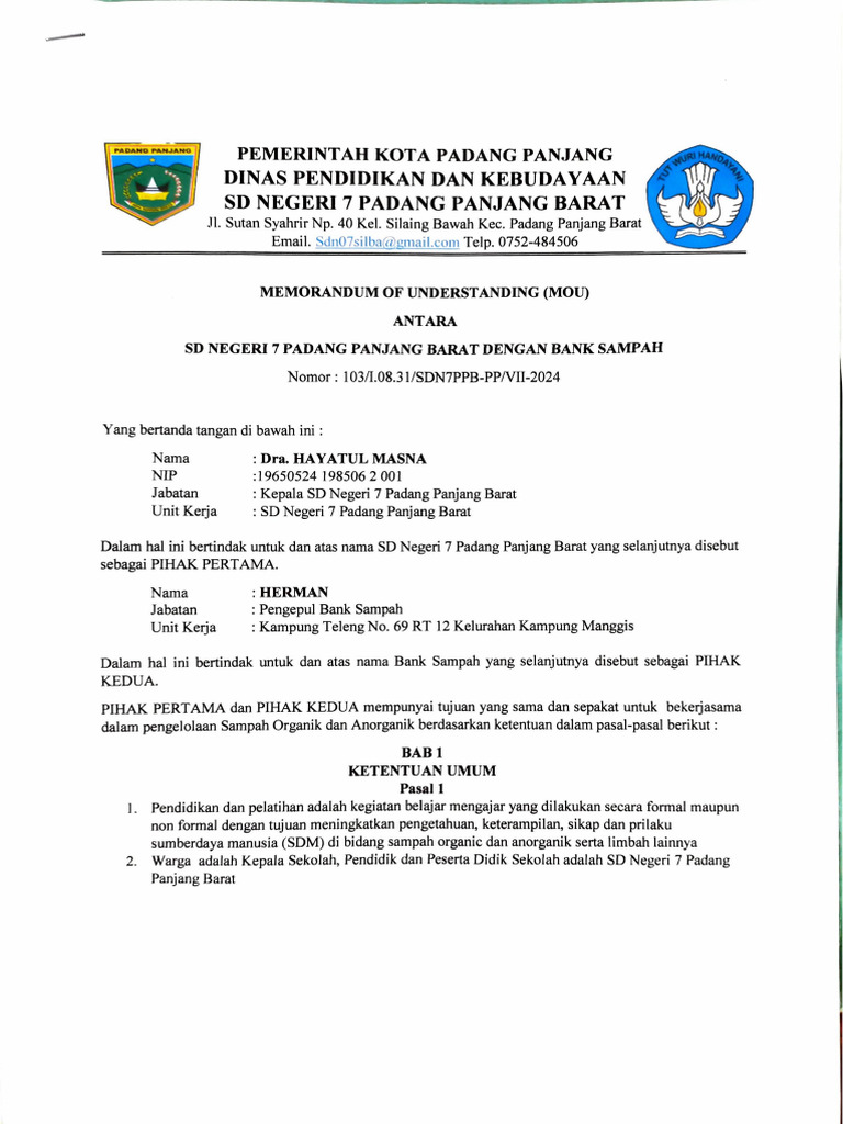 MOU Bank Sampah Sungai Andok | PDF