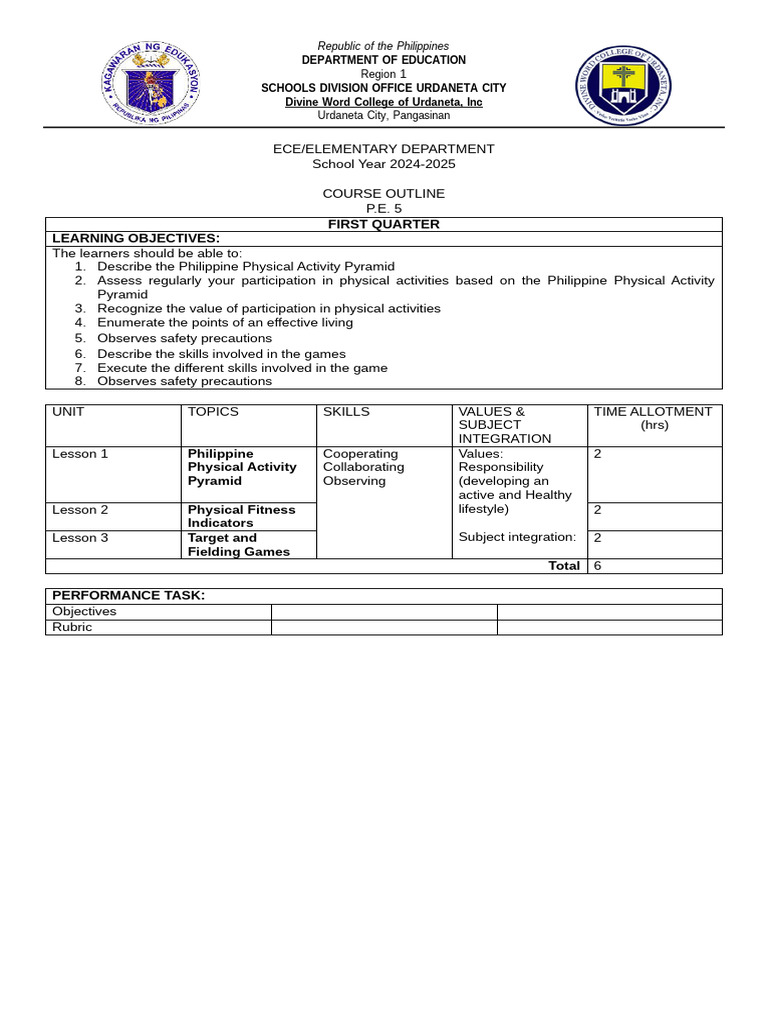 COURSE-OUTLINE-PE 5 | PDF | Physical Education | Learning