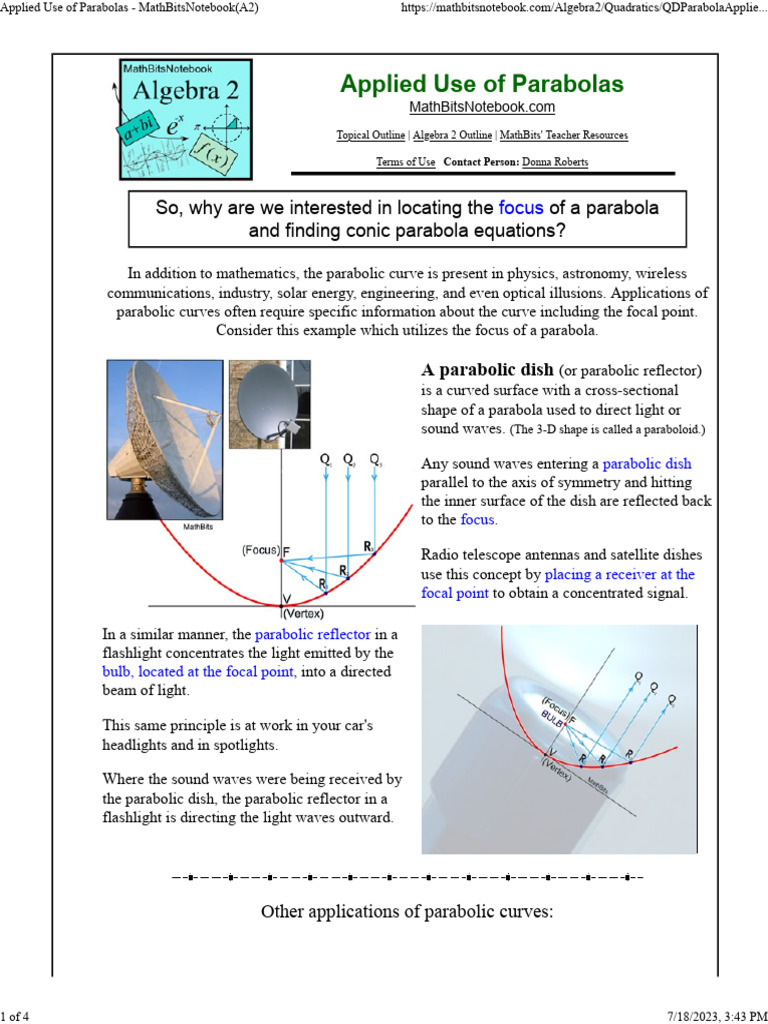 Applied Use of Parabolas - MathBitsNotebook (A2) | PDF | Electromagnetic Radiation