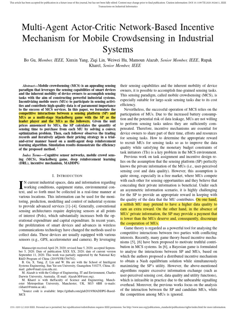 Multi-Agent Actor-Critic Network-Based Incentive Mechanism For Mobile Crowdsensing in Industrial ...