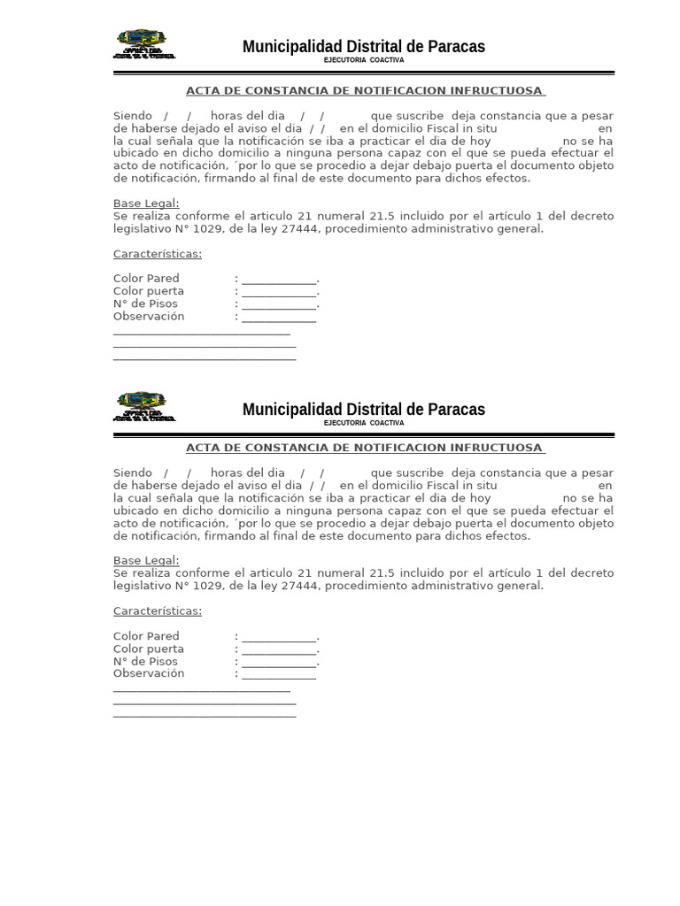 ACTA DE Notificacion Infructuosa | PDF