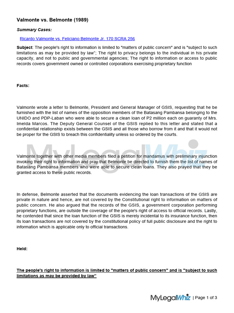 Ricardo Valmonte Vs Feliciano Belmonte JR 170 SCRA 256 | PDF | Privacy | Right To Privacy