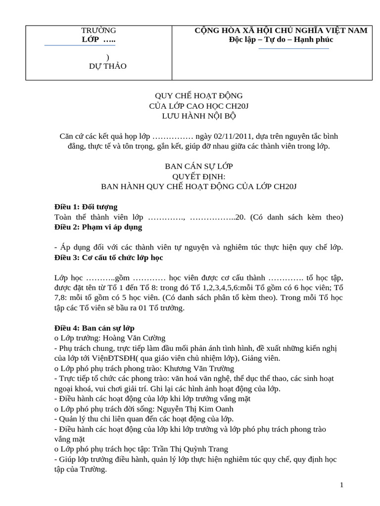 Tham Khao Du Thao Qu Che Hoat Dong Cua Lơp | PDF