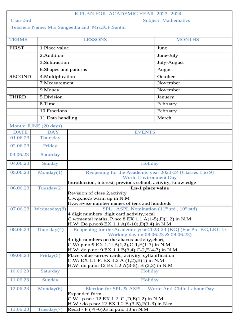 3rd Mathematics Lesson Plan | PDF