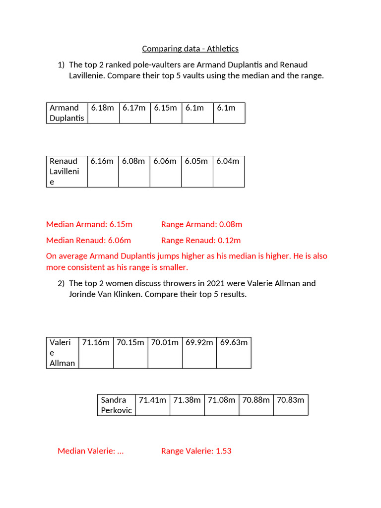 Comparing Data Worksheet Answers | PDF