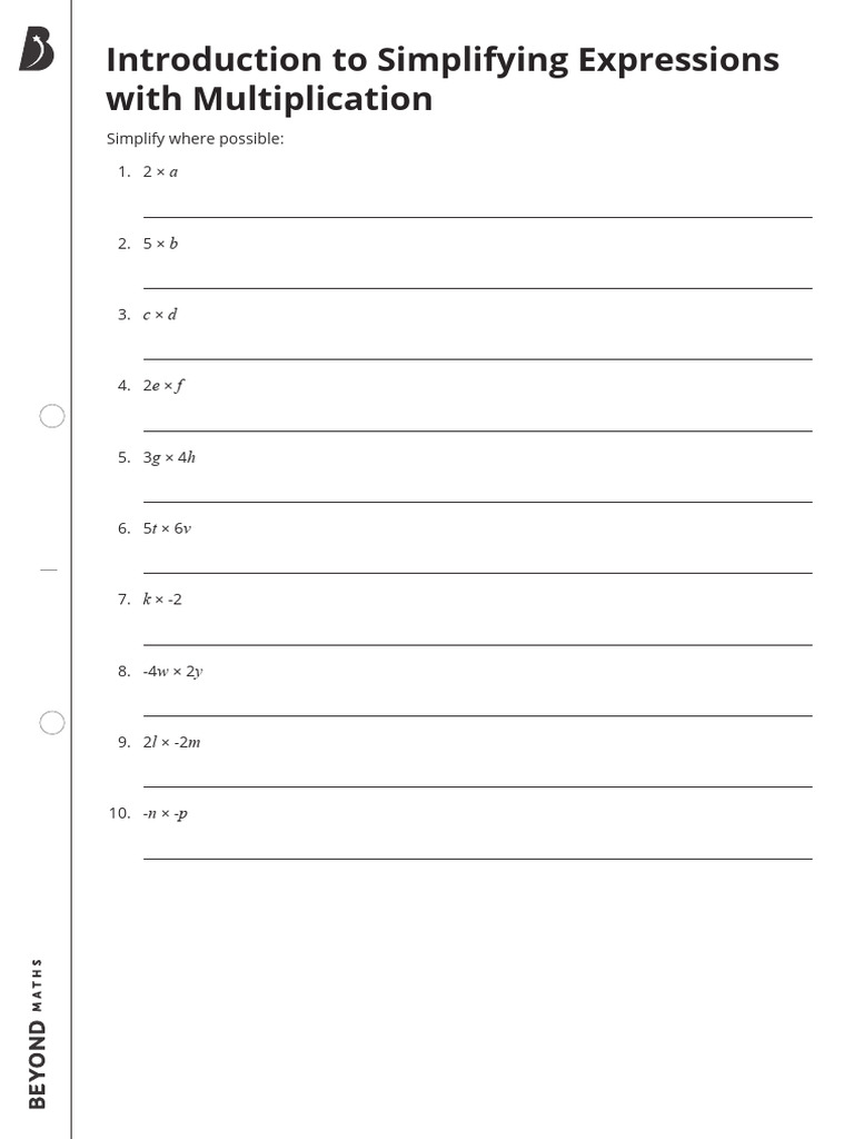 Introduction to Simplifying Expressions With Multiplication 1 | PDF