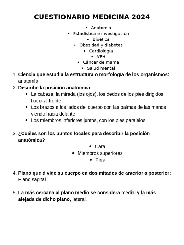 Cuestionario Medicina 2024 | PDF | Cartílago | Hueso
