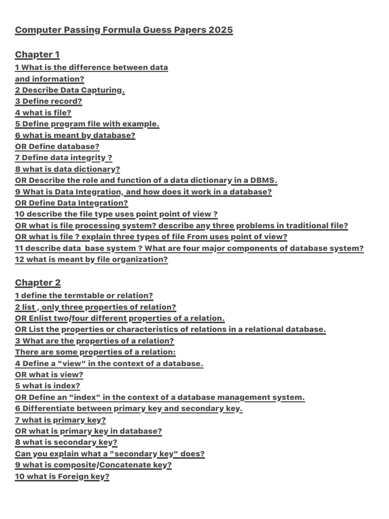 Computer Passing Formula Guess Papers 2025 | PDF | Databases | Control Flow