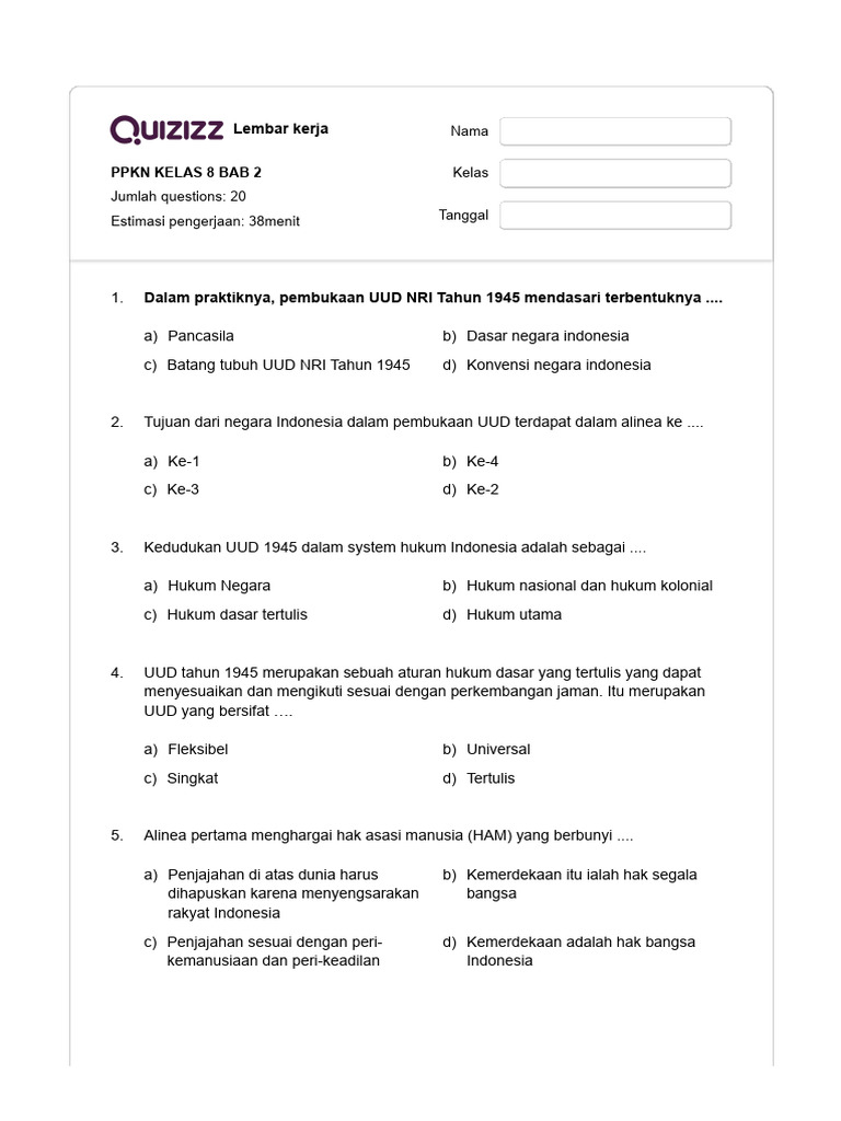 PPKN KELAS 8 BAB 2 - Quizizz | PDF