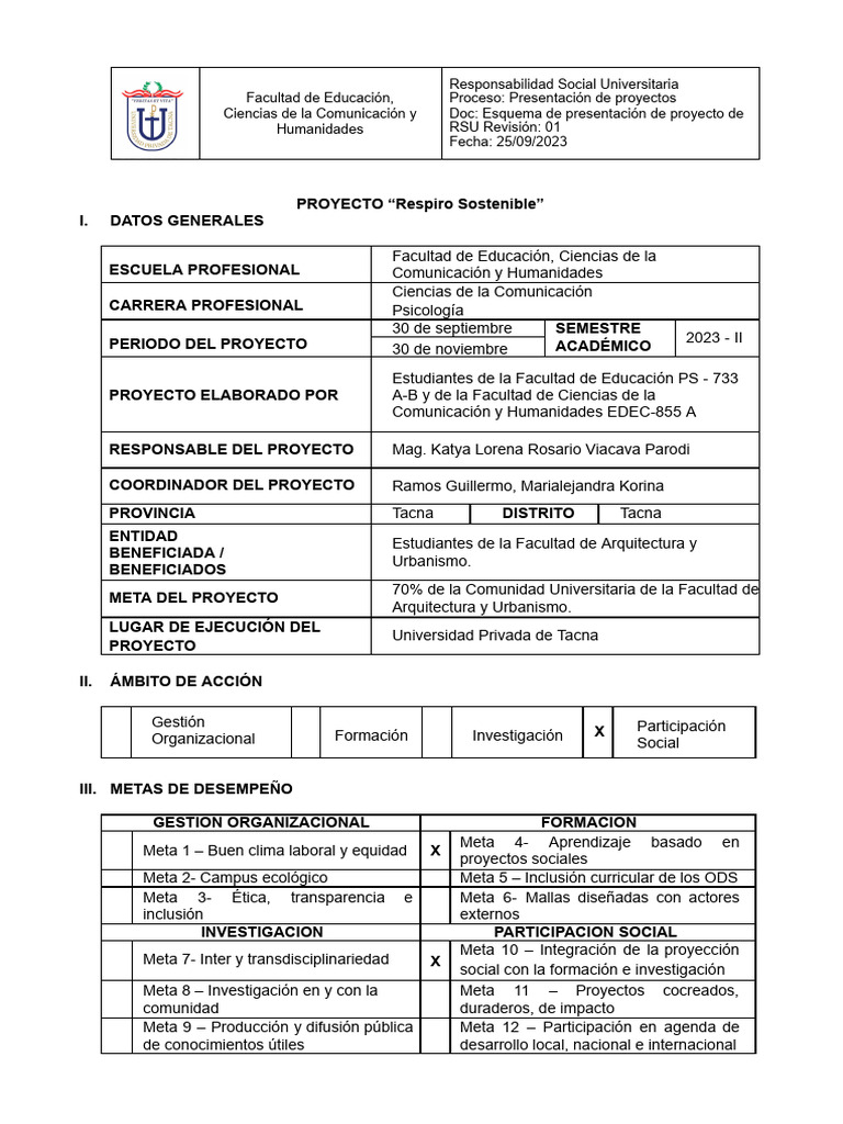 Formato - Proyecto Con Enfoque de Rsu | PDF | Sustentabilidad | Desarrollo sostenible