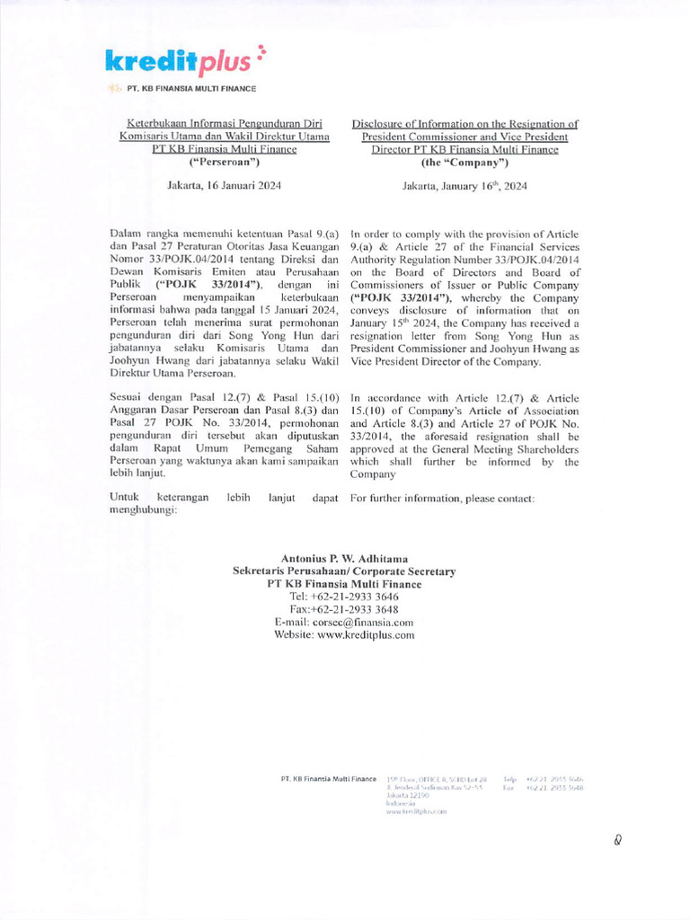 Keterbukaan Informasi Pengunduran Diri Komisaris Utama Dan Wakil Direktur Utama PT KB Finansia ...