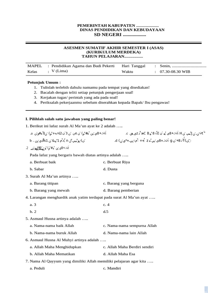 001 SOAL PAI KELAS 5 SEMESTER 1 ok | PDF