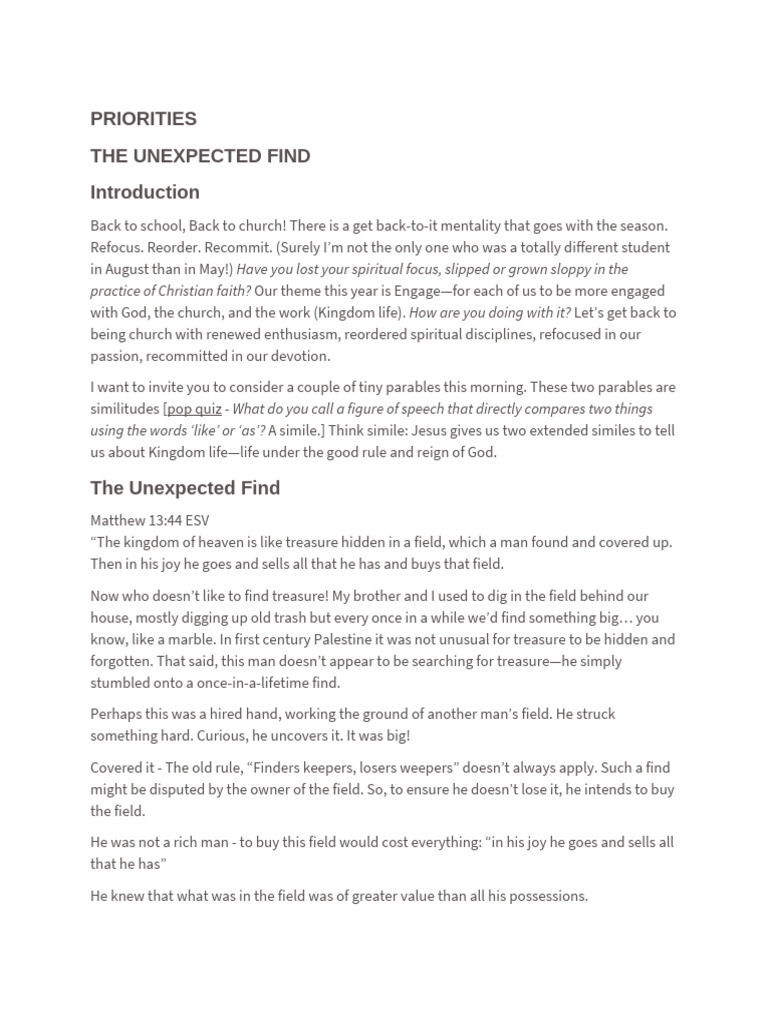 Priorities - The Unexpected Find | PDF | Jesus | Parables Of Jesus