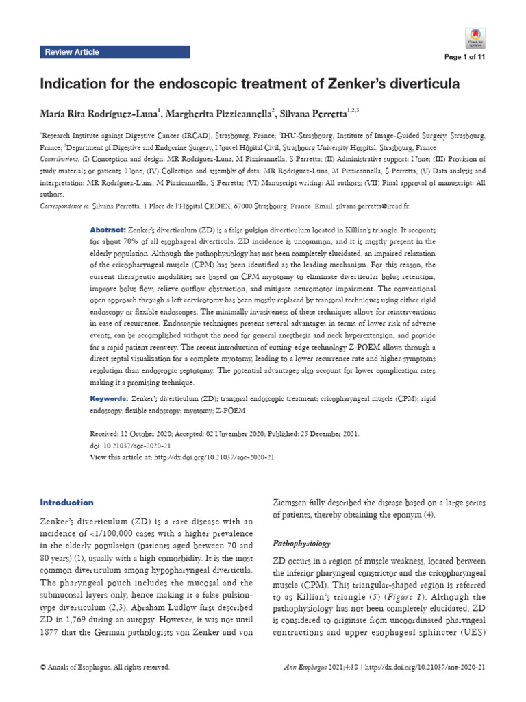 Indication for the endoscopic treatment of Zenker’s diverticula | PDF ...