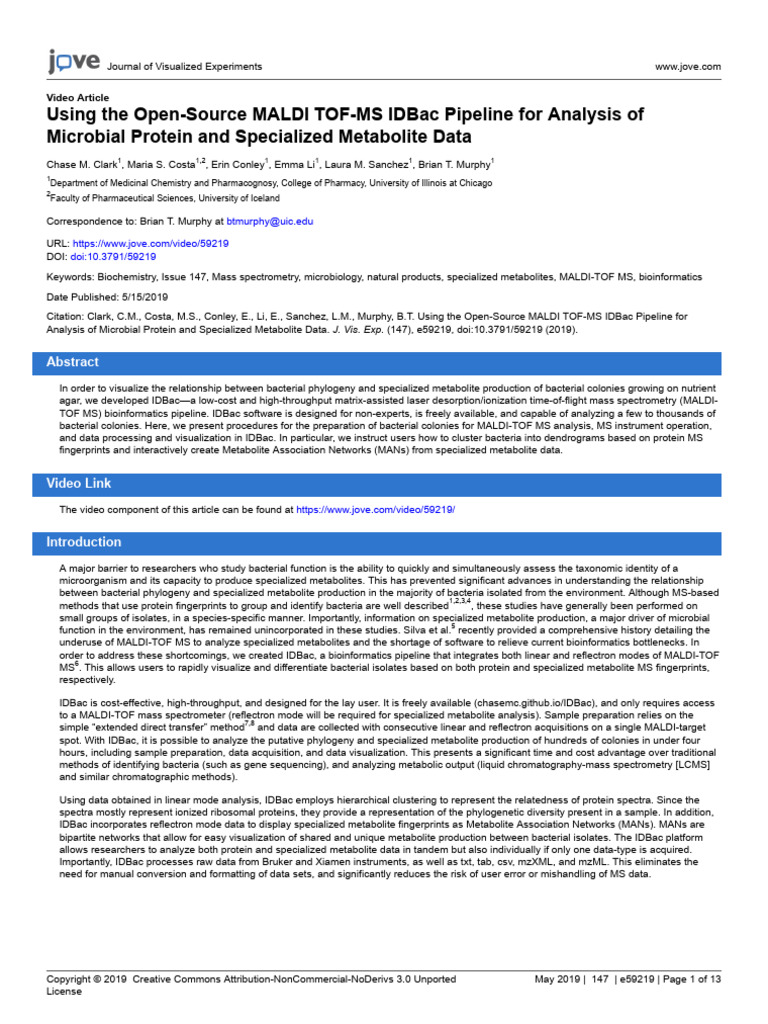 Using The Open-Source MALDI TOF-MS IDBac Pipeline For Analysis of Microbial Protein and ...