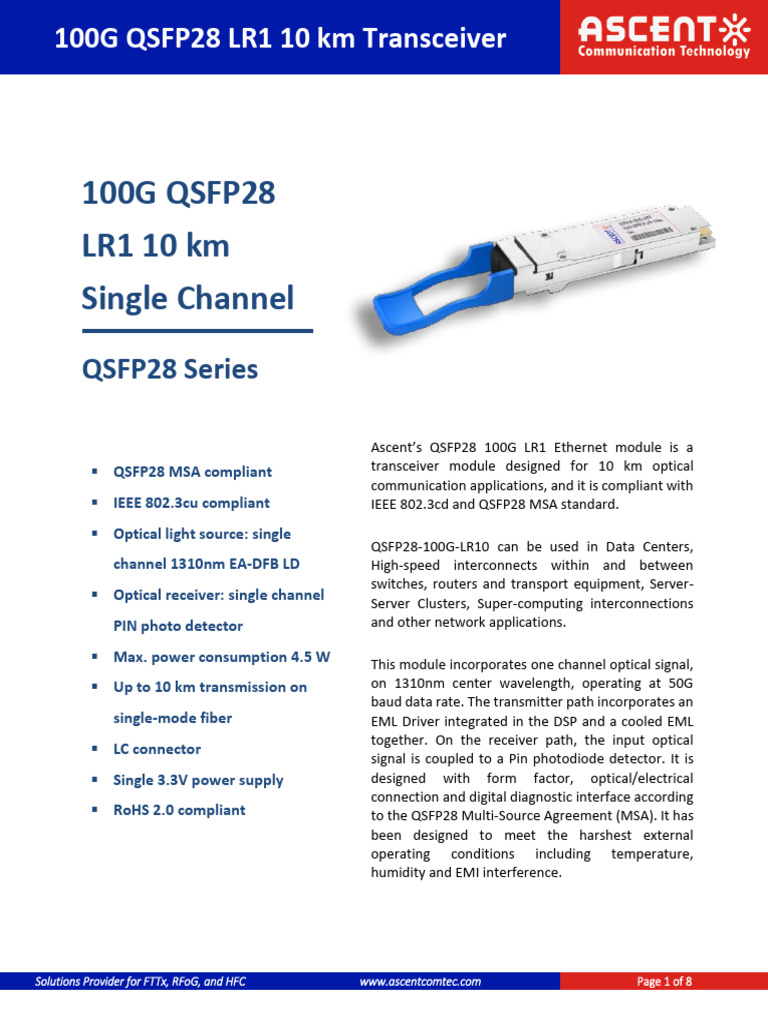 100G QSFP28 LR1 10km Transceiver | PDF | Electronics | Electrical Engineering
