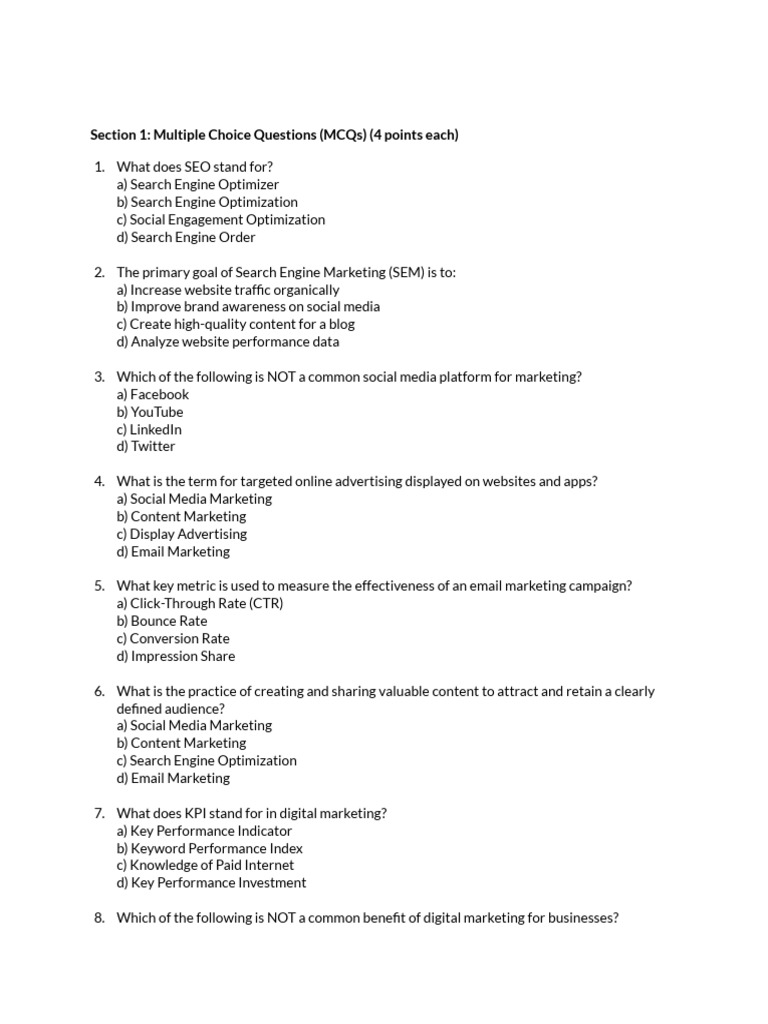 SEO and Digital Marketing Quiz Questions | PDF