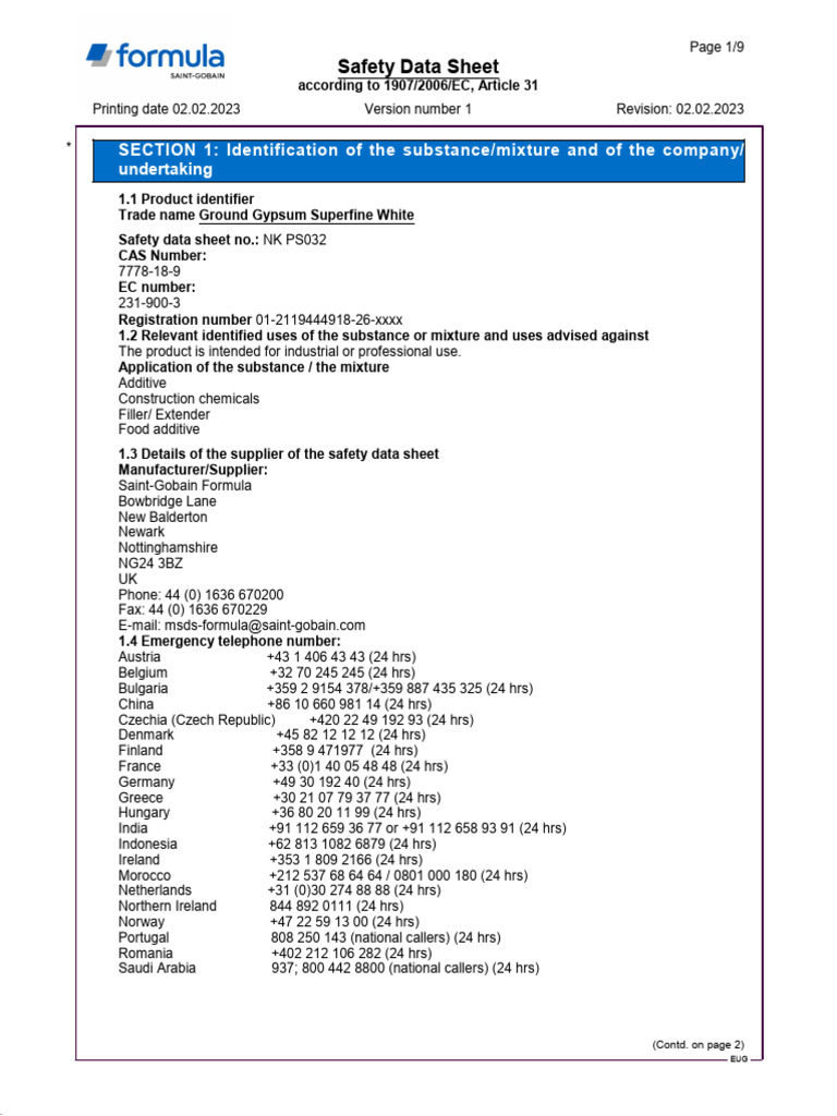 Gypsum Superfine White Safety Data Sheet | PDF | Dangerous Goods | Density