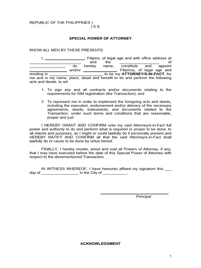 SPA TEMPLATE (1) | PDF | Power Of Attorney | Common Law
