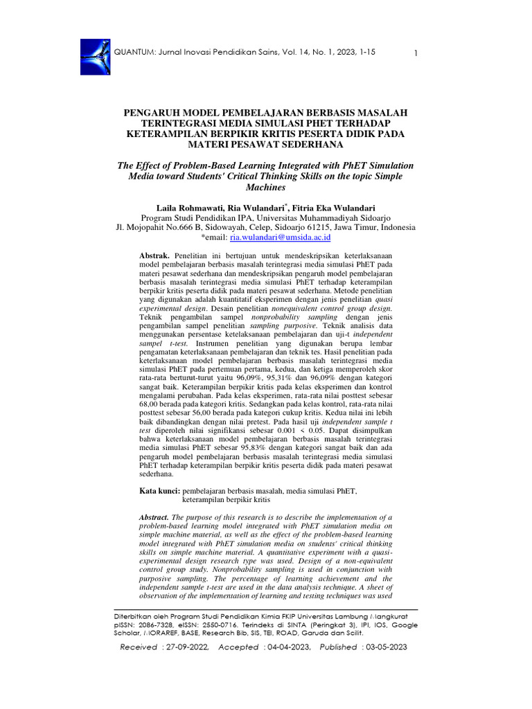 Pengaruh - Model - Pembelajaran - Berbasis - Mas Berbasis PHET Terhadap KBK | PDF